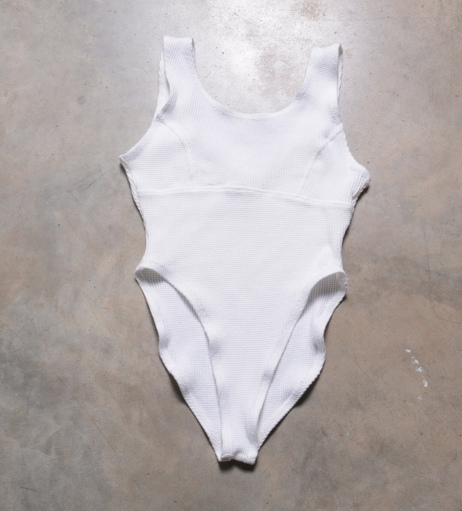 Vintage 80s Bodysuit One Piece Leotard White Waffle Thermal Workout