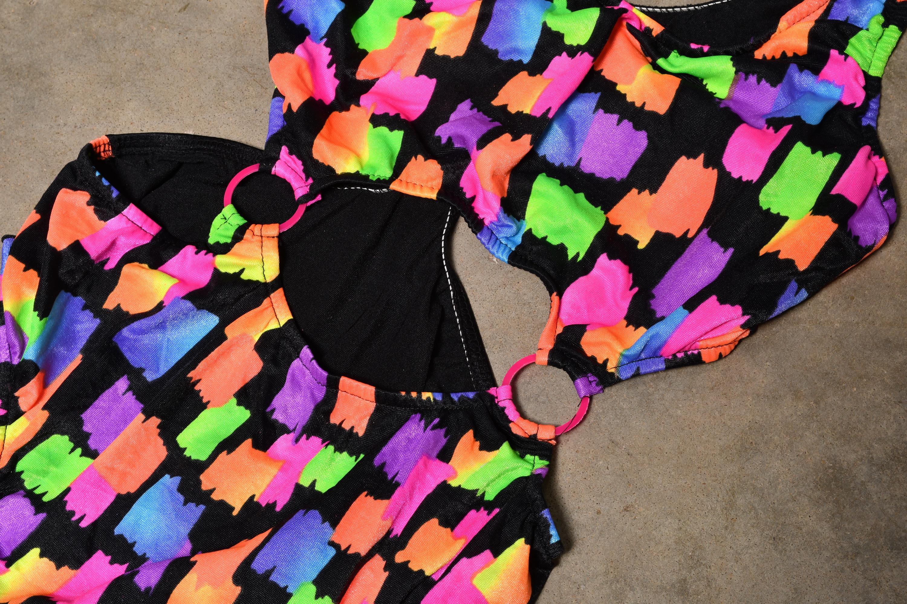 Vintage 80s Bathing Suit Neon Rainbow Abstract Pattern 1980 One Piece ...