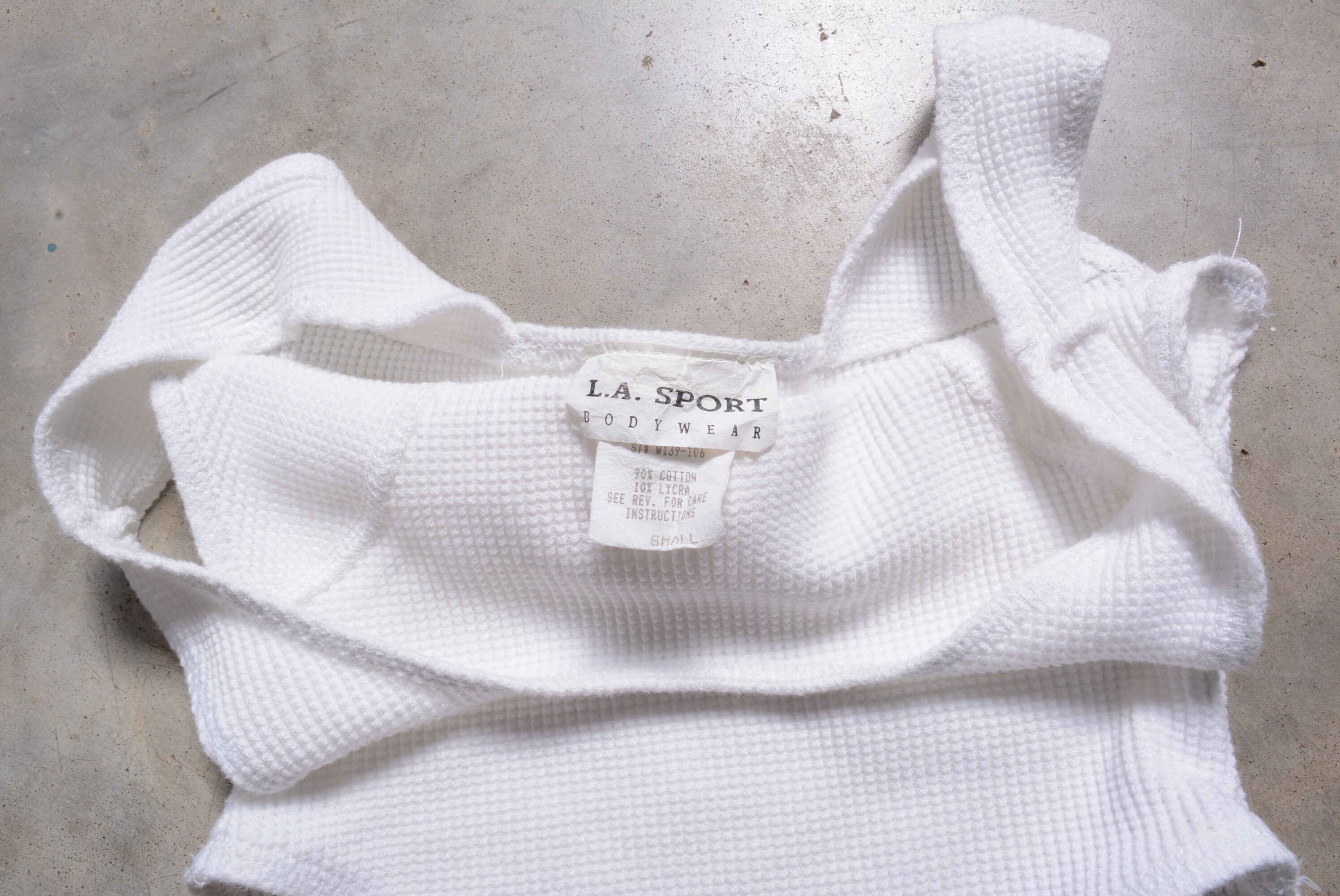 Vintage 80s Bodysuit One Piece Leotard White Waffle Thermal Workout