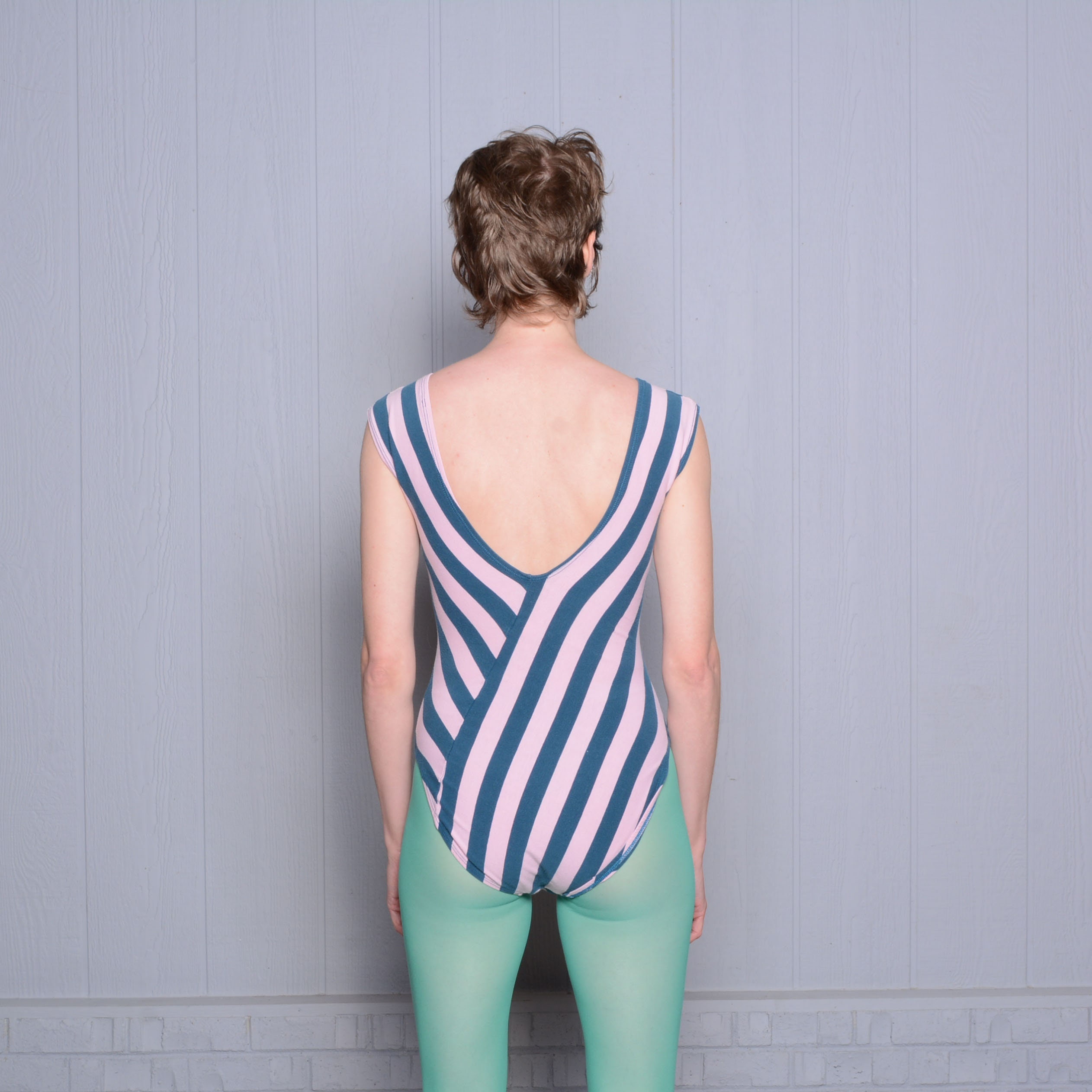 Vintage 80s Bodysuit One Piece Leotard Pink Blue Stripe Workout Wear ...