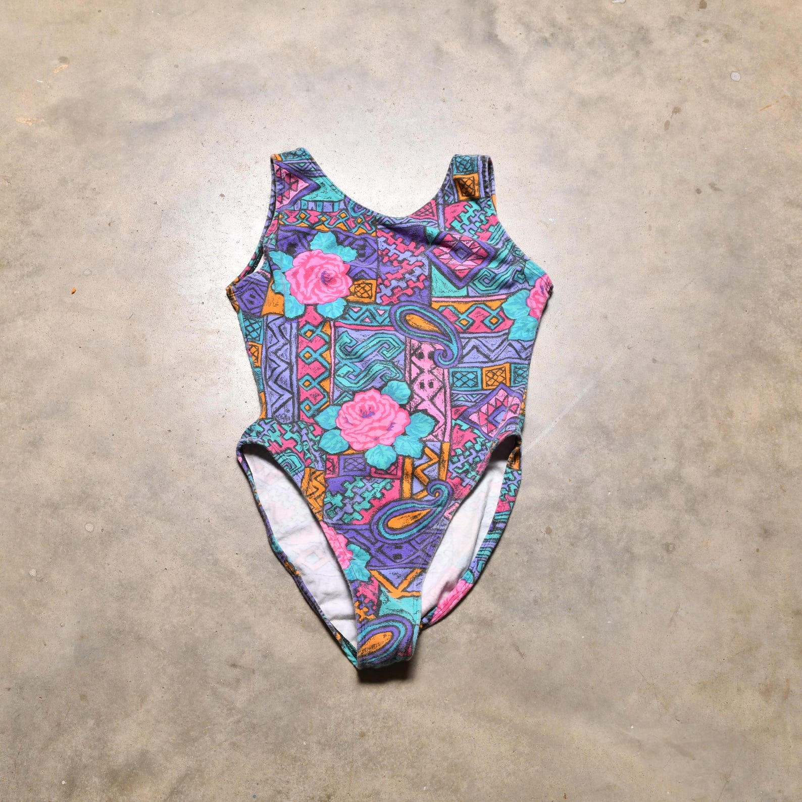 Vintage 80s Bodysuit One Piece Leotard Geometric Flower Rose Paisley ...