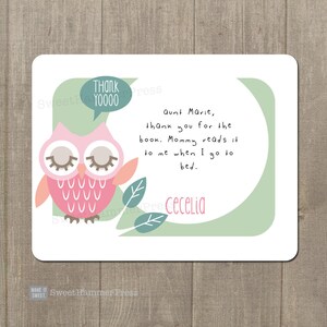 Thank You Note Card Owl Pink Amd Green Stationary Child Thank You Notes ...