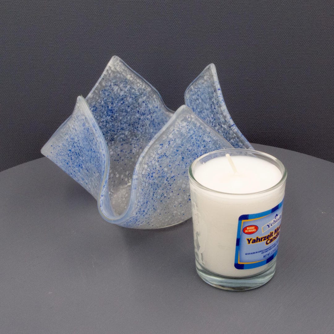 Yahrzeit Jewish Memorial Candle Holder Blue and White on Clear Stained ...