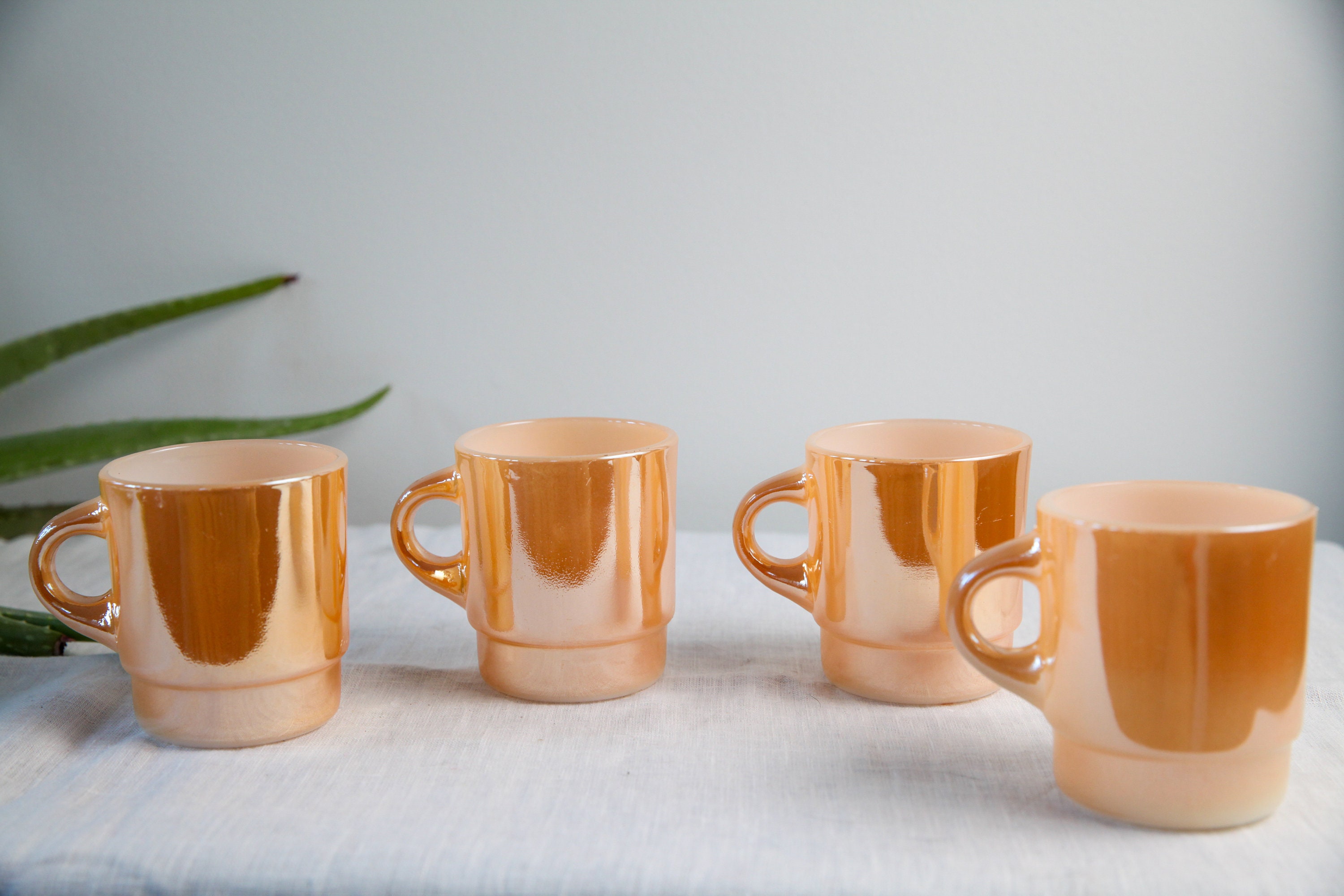 Set of Four MCM Peach Lusterware Coffee Mugs or Cups Fire King / Anchor Hocking Pearl Lusterware ...