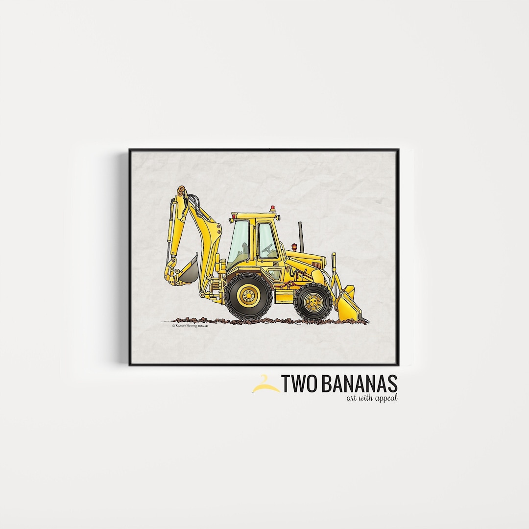 Kid Construction Art | Backhoe Tractor | Whimsical Yellow Digger Print ...