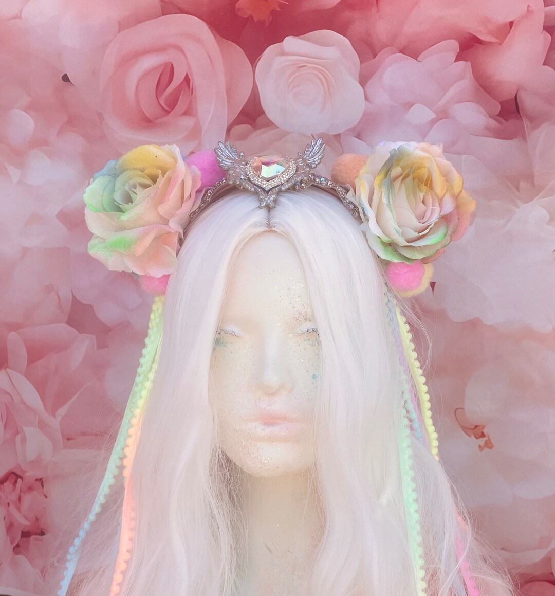 Dreamy Rainbow Pom Pom Rose Crown | Colorful Floral Headpiece ...