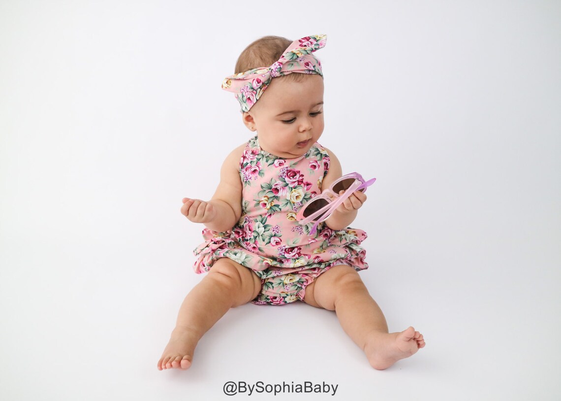 Baby Girl Romper Set, Baby Romper and Headband, Floral Baby Bloomer Set ...