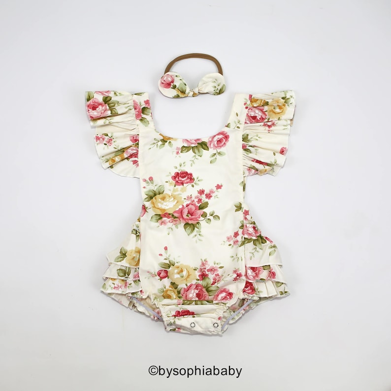 Baby Girl Romper Set, Baby Romper and Headband, Floral Baby Romper Set ...