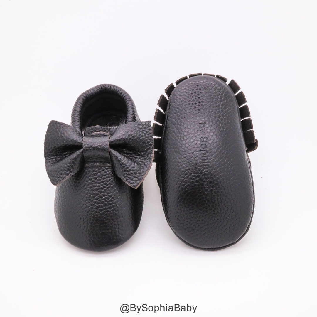 Baby Moccasins, Baby Black Bow Moccasins, Baby Leather Shoes, Genuine ...