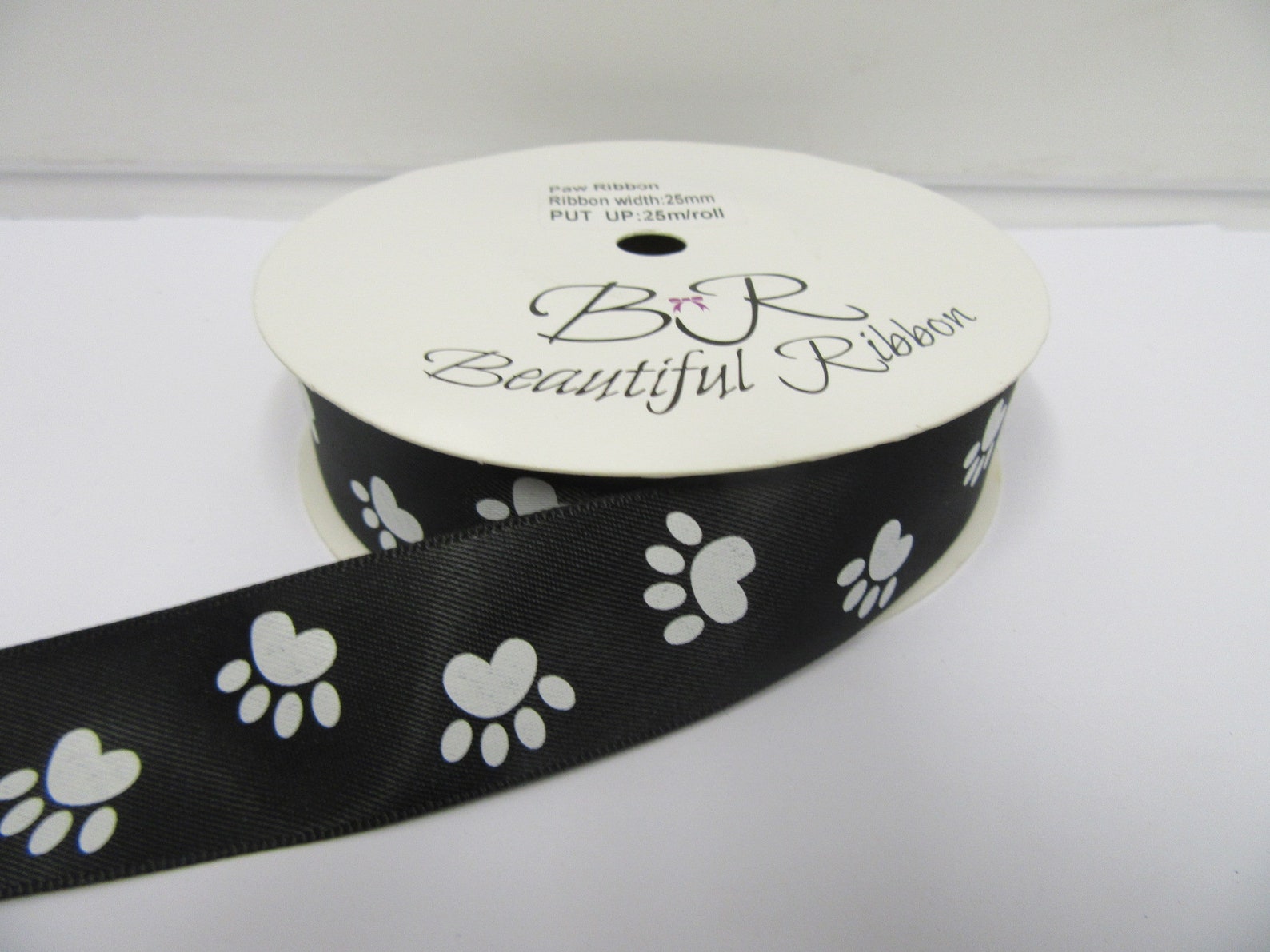 25mm Pet Paw Print Satin Ribbon, 2 or 25 Metres Cat Dog Prints Paws 2 ...