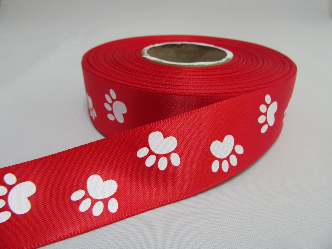 25mm Pet Paw Print Satin Ribbon, 2 or 25 Metres Cat Dog Prints Paws 2 ...