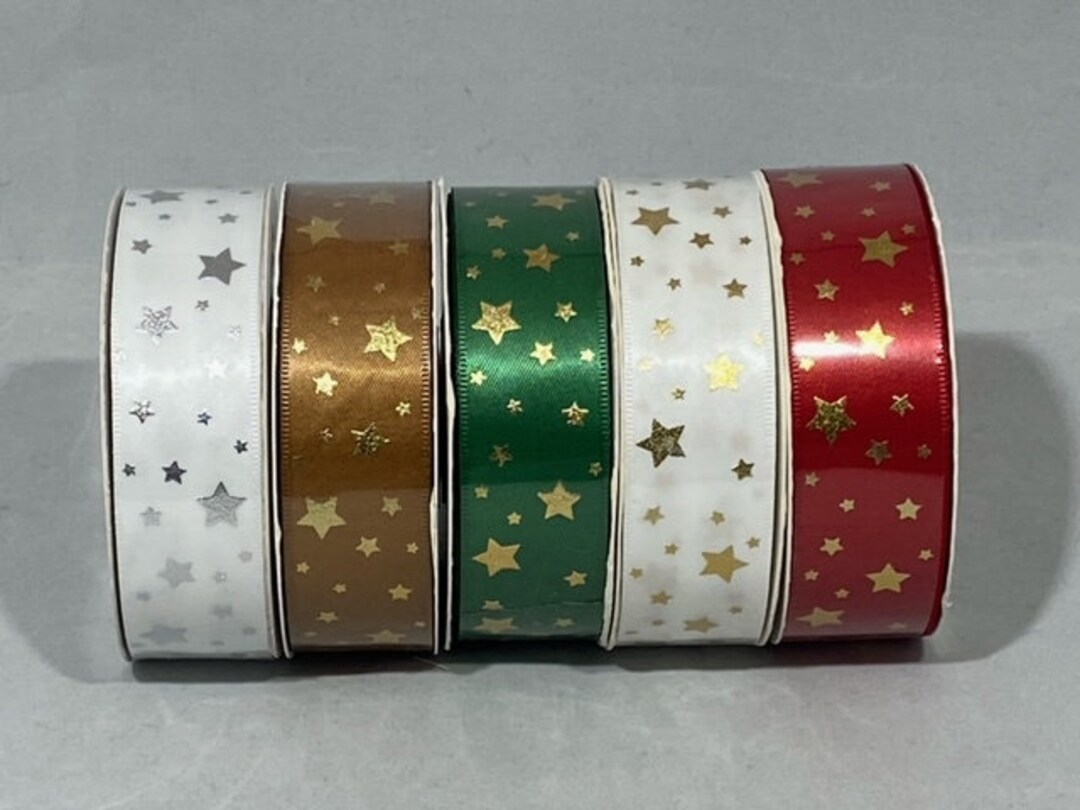 15mm 25mm Satin Metallic Stars Ribbon 2 Metre or 20 Metre Roll ...