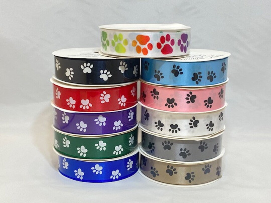 25mm Pet Paw Print Satin Ribbon, 2 or 25 Metres Cat Dog Prints Paws 2 ...