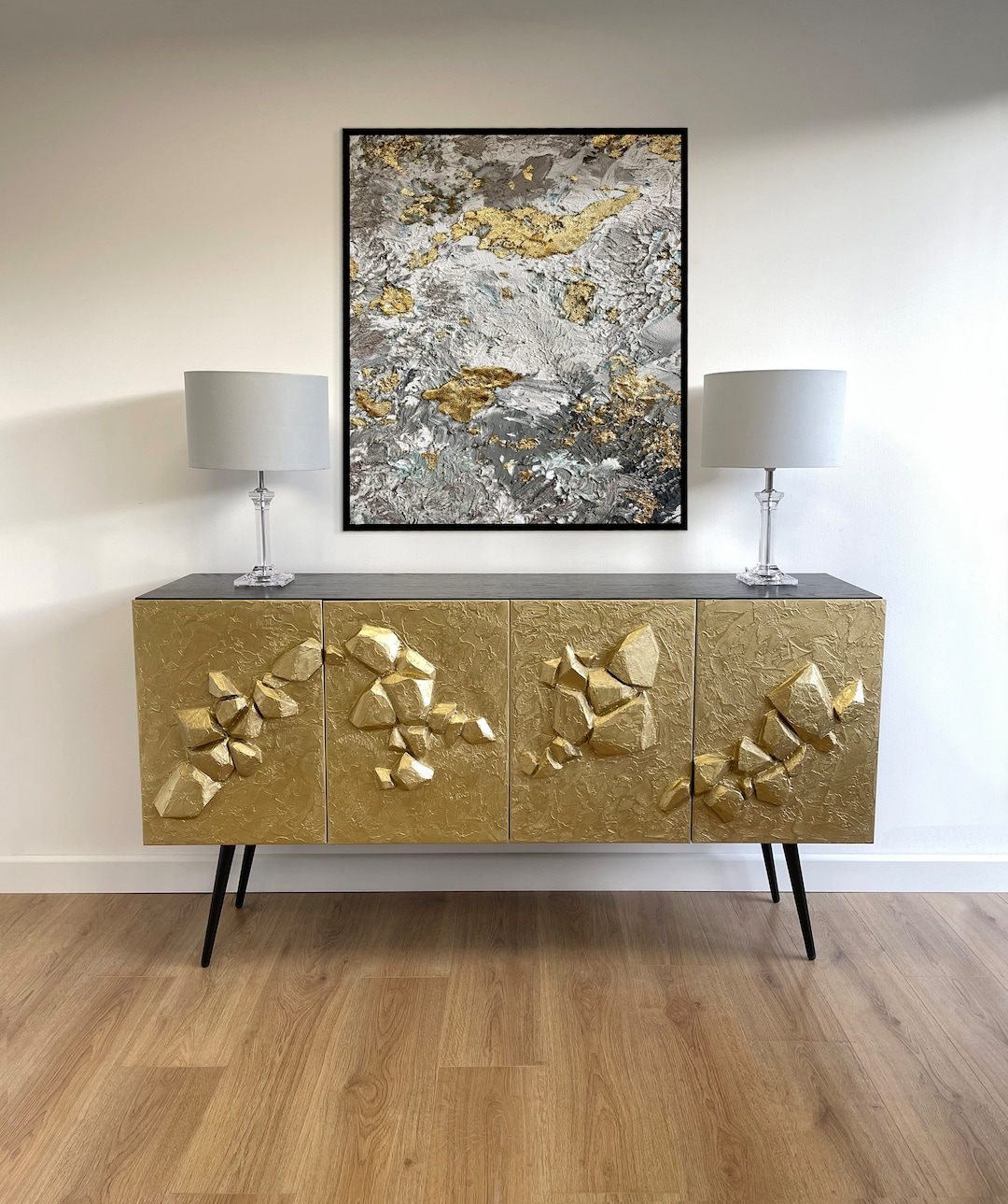 Gold Cabinet. Contemporary Style Sideboard With Gold 3D Cut Stone ...