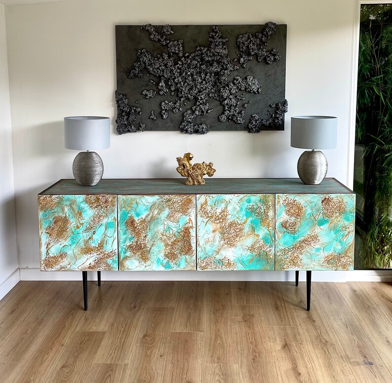Midcentury Style Sideboard- Turquoise, Copper and Gold Textured Doors ...
