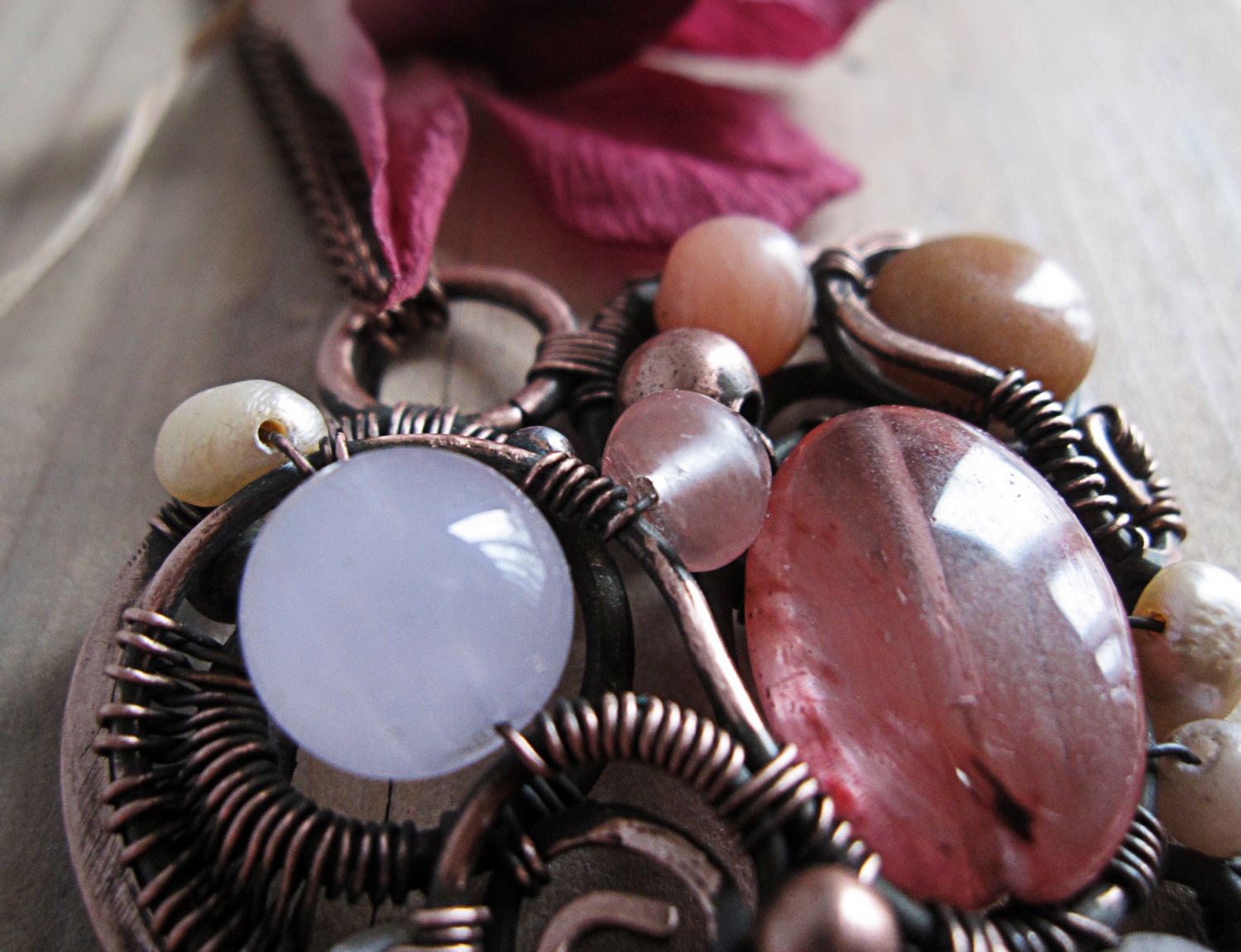 Copper heart pendant with pink gemstones Blushing Heart. | Etsy