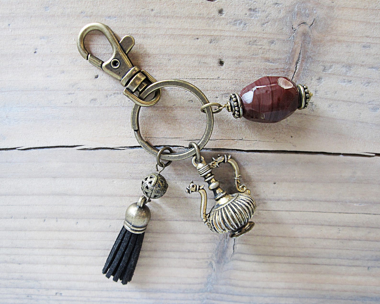 Antique Bronze Charms Keychain. Key Fob With Agate, Genie Lamp Charm ...