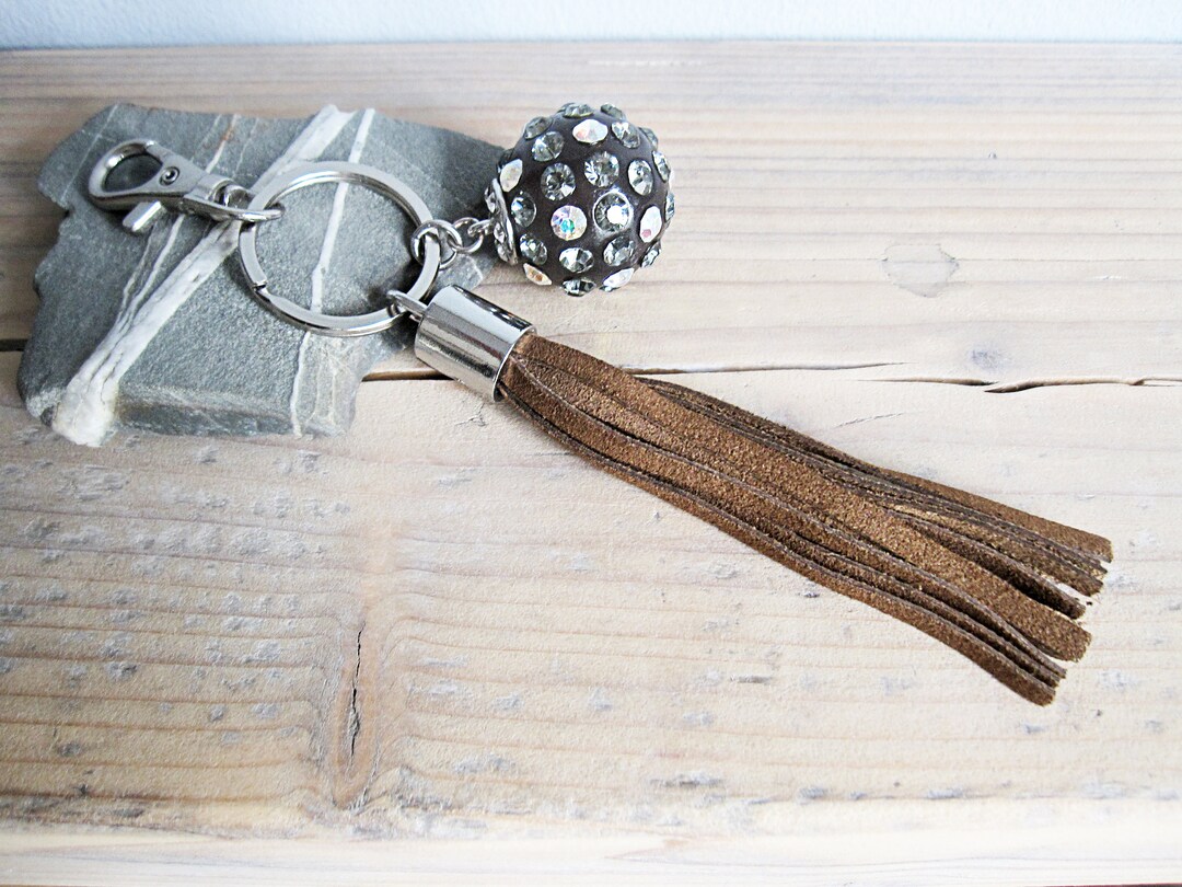 Brown Suede Leather and Disco Ball Keychain. Key Fob With Tassel and ...