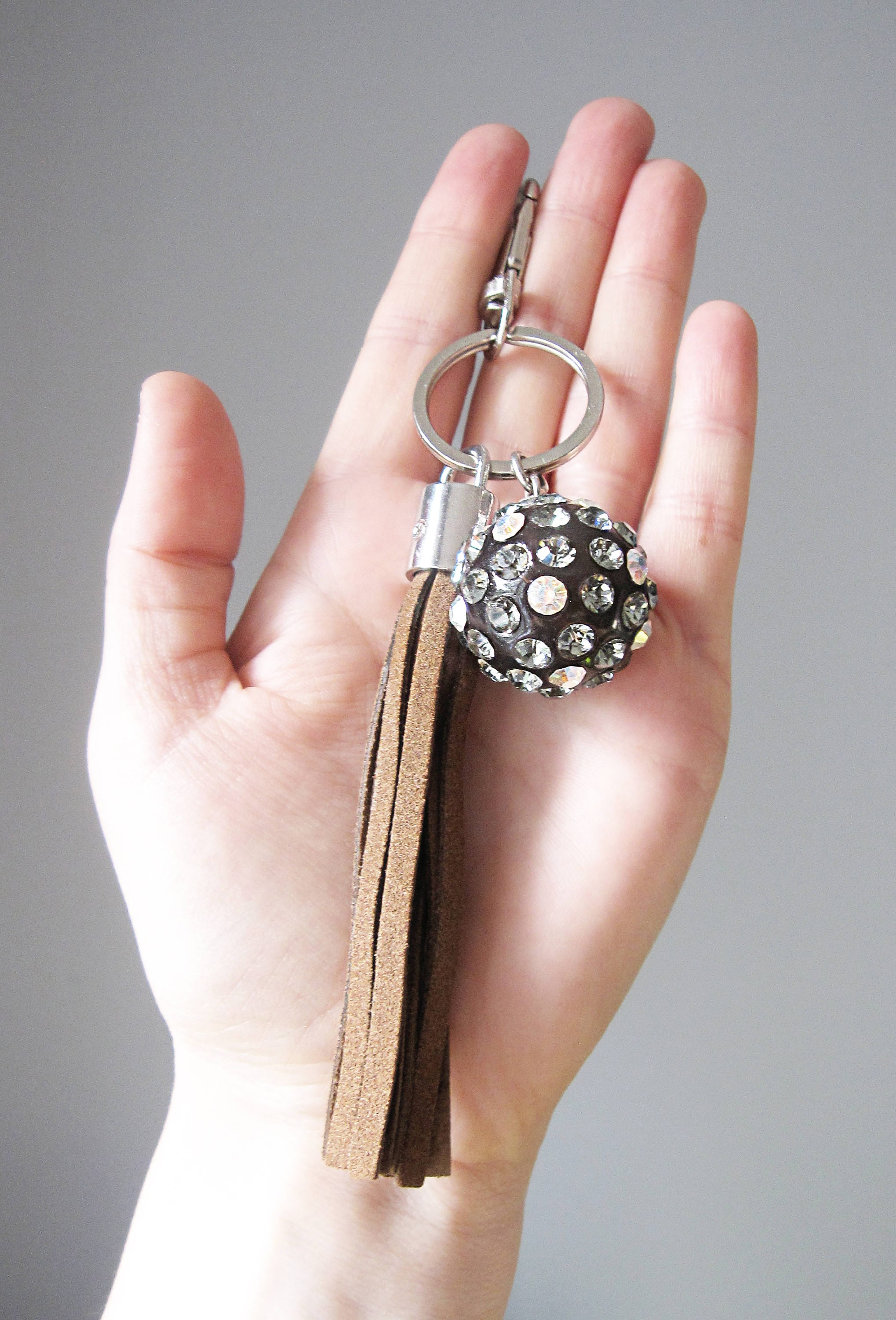 Brown Suede Leather and Disco Ball Keychain. Key Fob With Tassel and ...