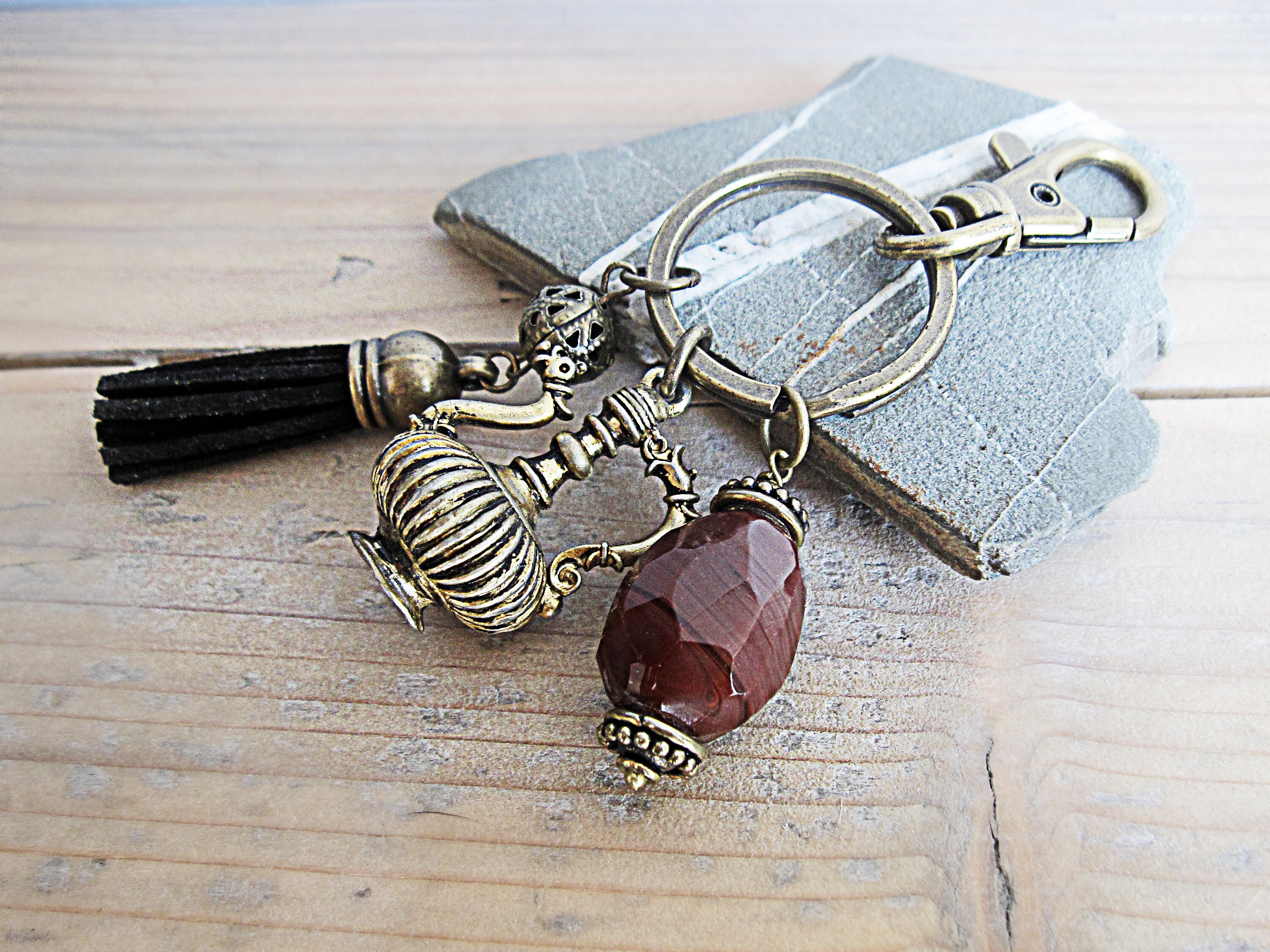 Antique Bronze Charms Keychain. Key Fob With Agate, Genie Lamp Charm ...