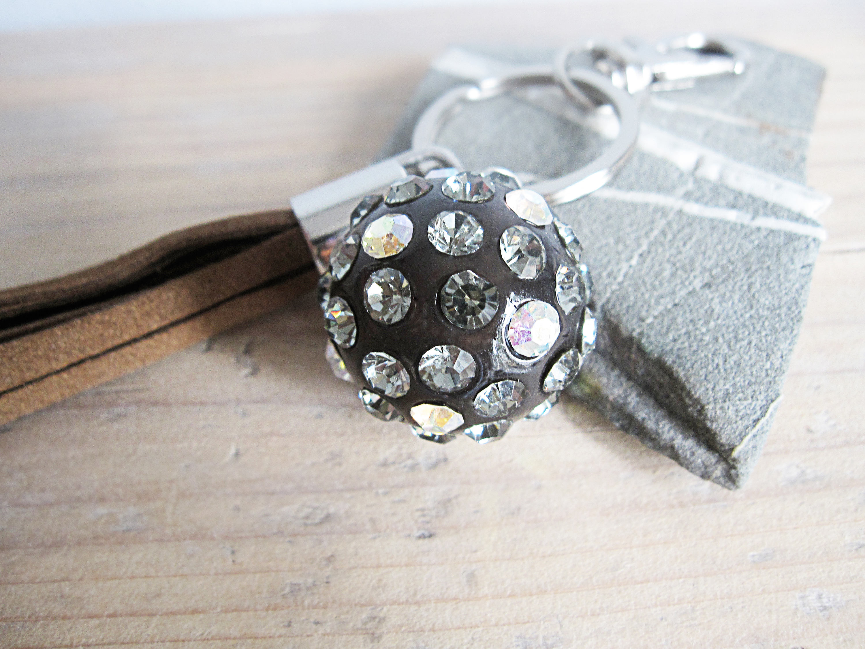 Brown Suede Leather and Disco Ball Keychain. Key Fob With Tassel and ...
