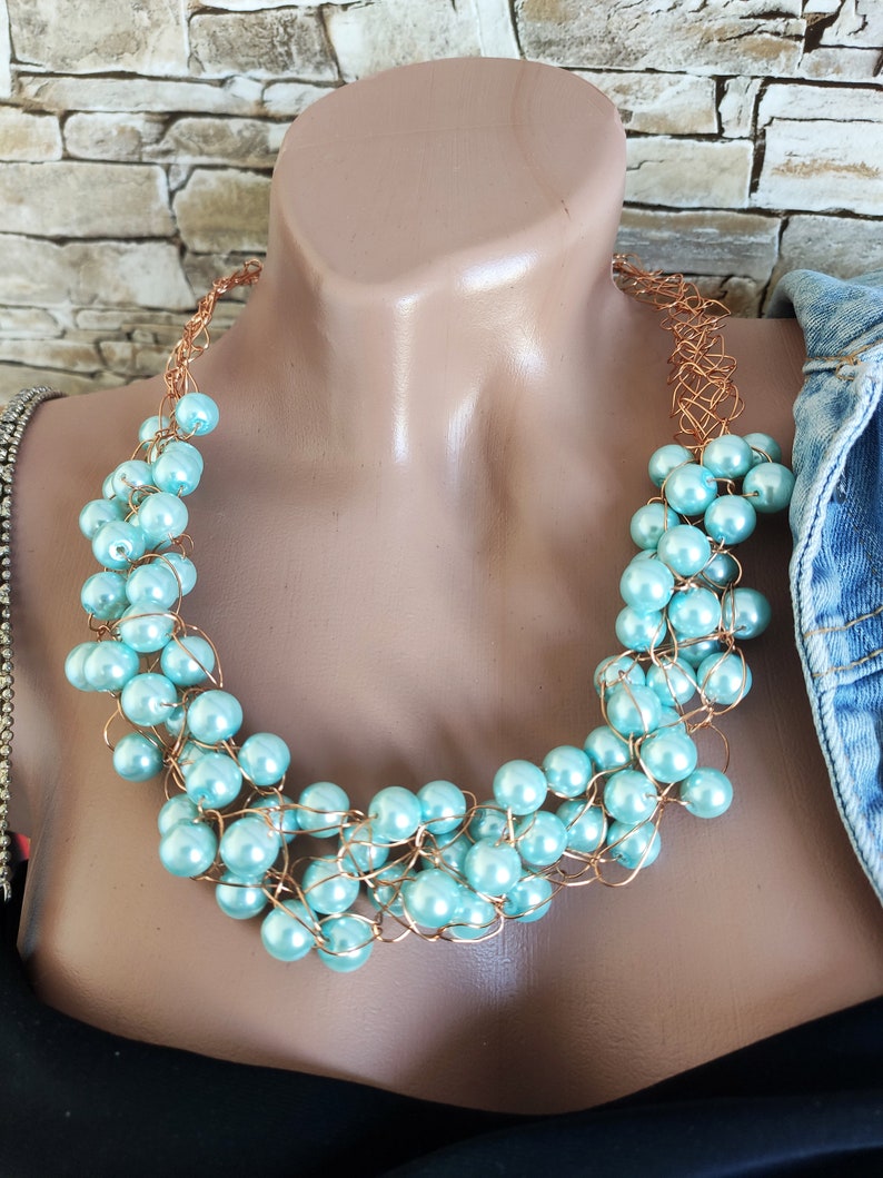 Light Blue Jewelry Set Crochet Wire Necklace & Bracelet Boho | Etsy