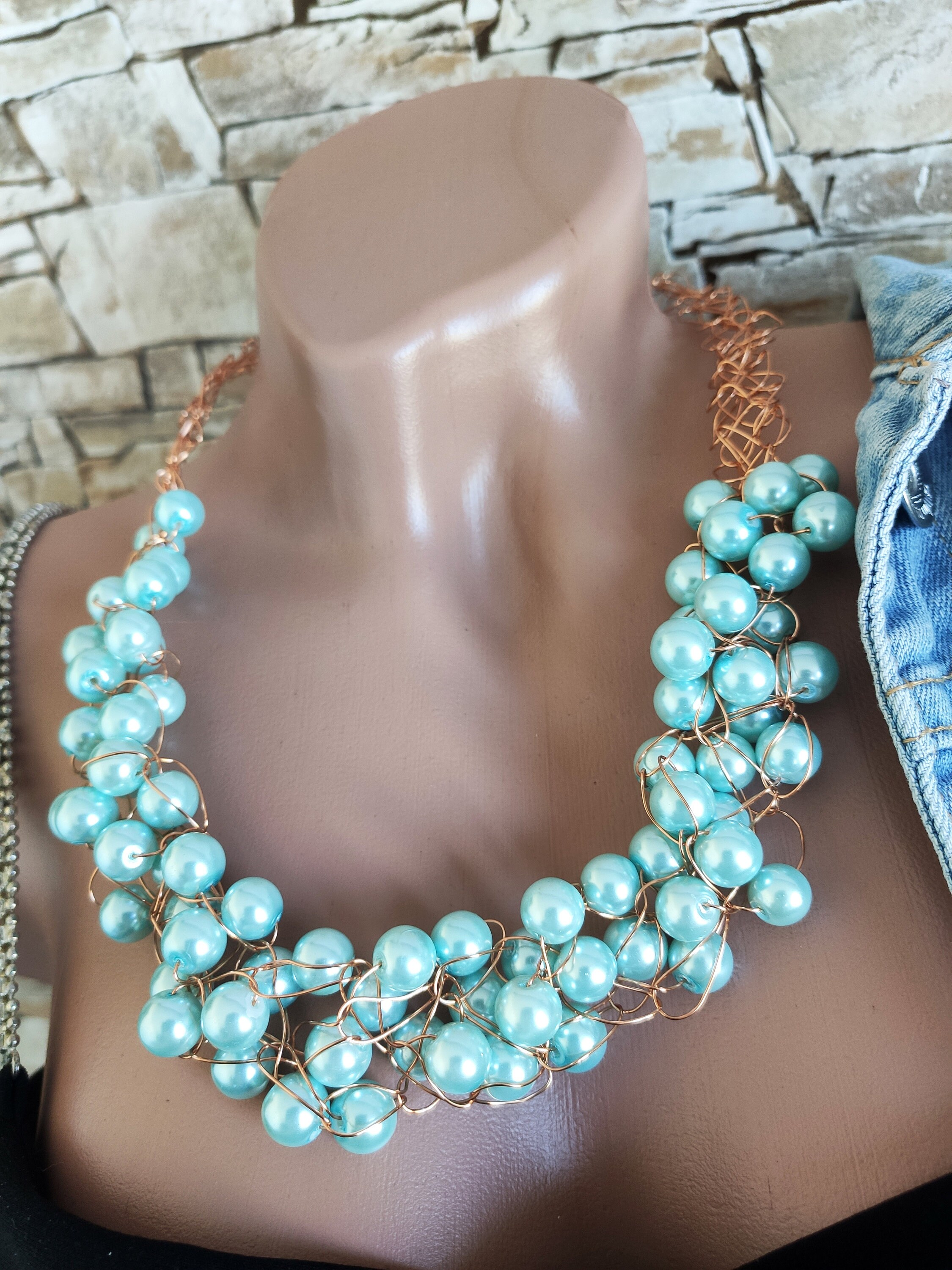 Light Blue Jewelry Set Crochet Wire Necklace & Bracelet Boho | Etsy