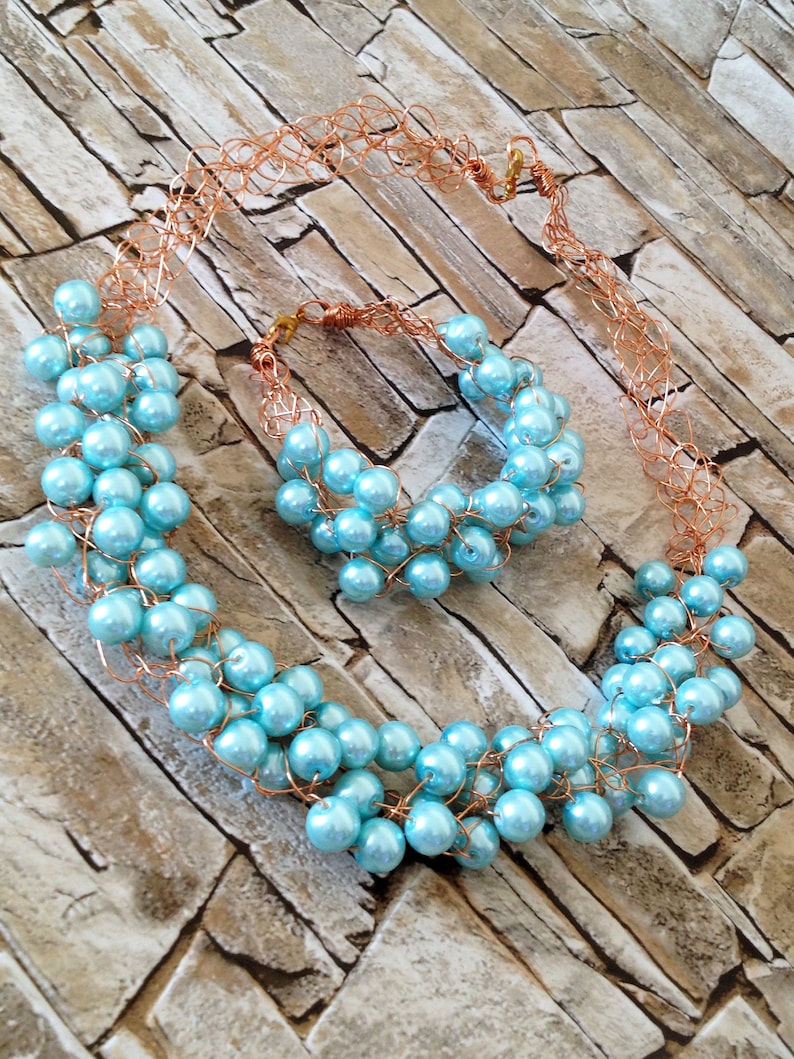 Light Blue Jewelry Set Crochet Wire Necklace & Bracelet Boho | Etsy