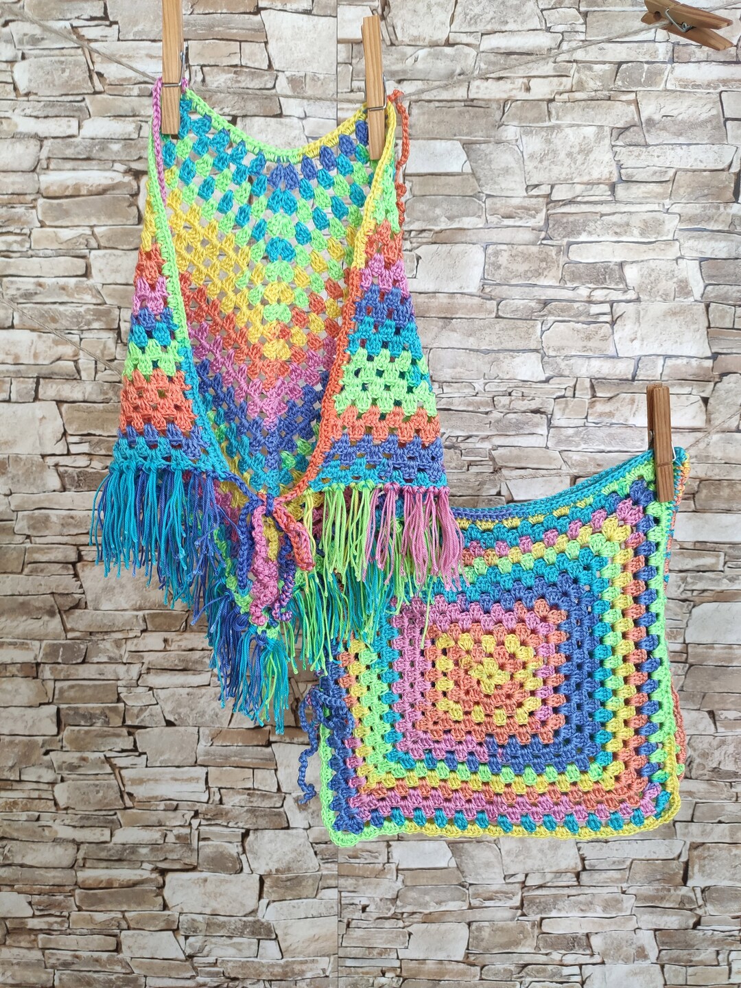 Crochet Toddler Set Top and Skirt Rainbow Granny Square Wrap Skirt Open ...