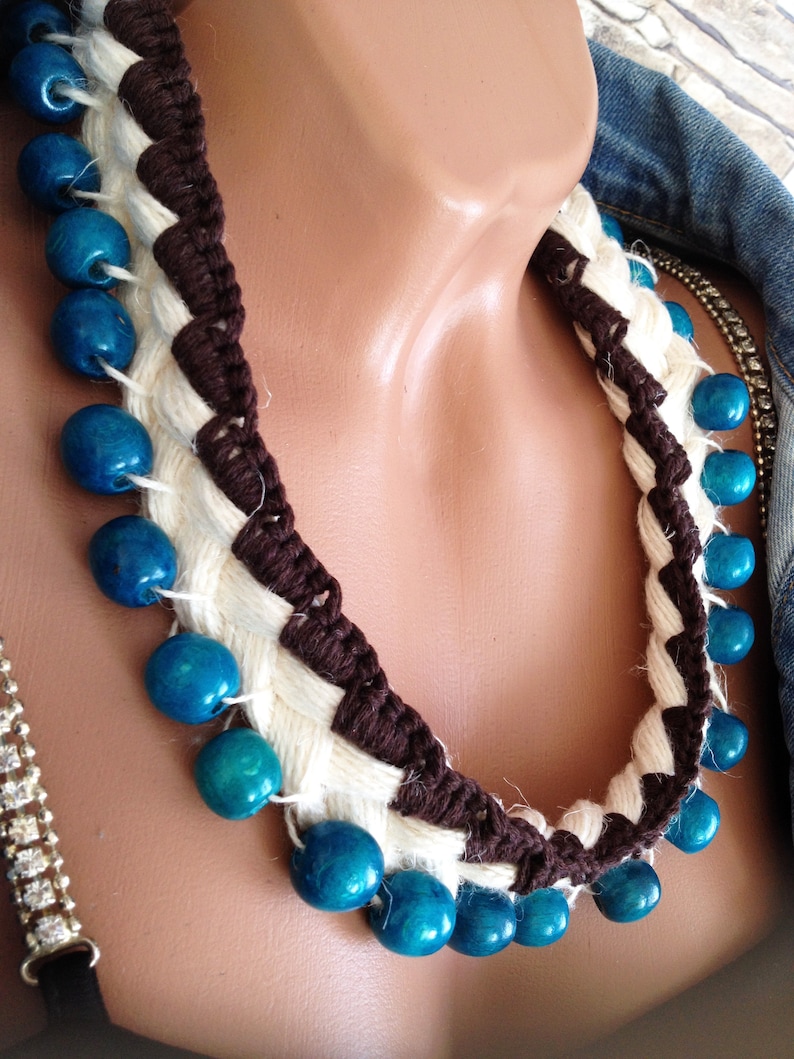 Boho beaded necklace Statement necklace Turquoise brown white | Etsy