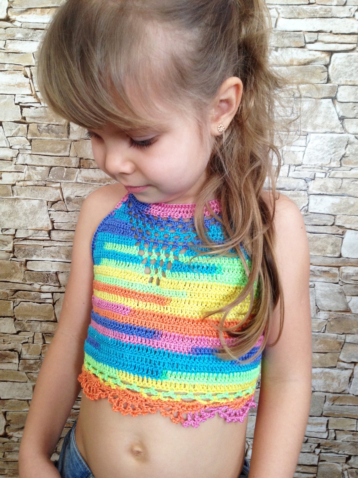 Set of two crochet rainbow crop top for kids Boho chic open | Etsy