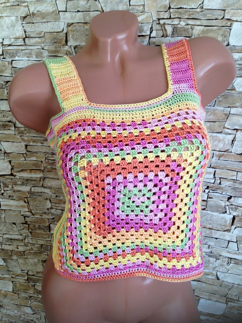 Rainbow granny square crochet top Hippie festival colorful | Etsy