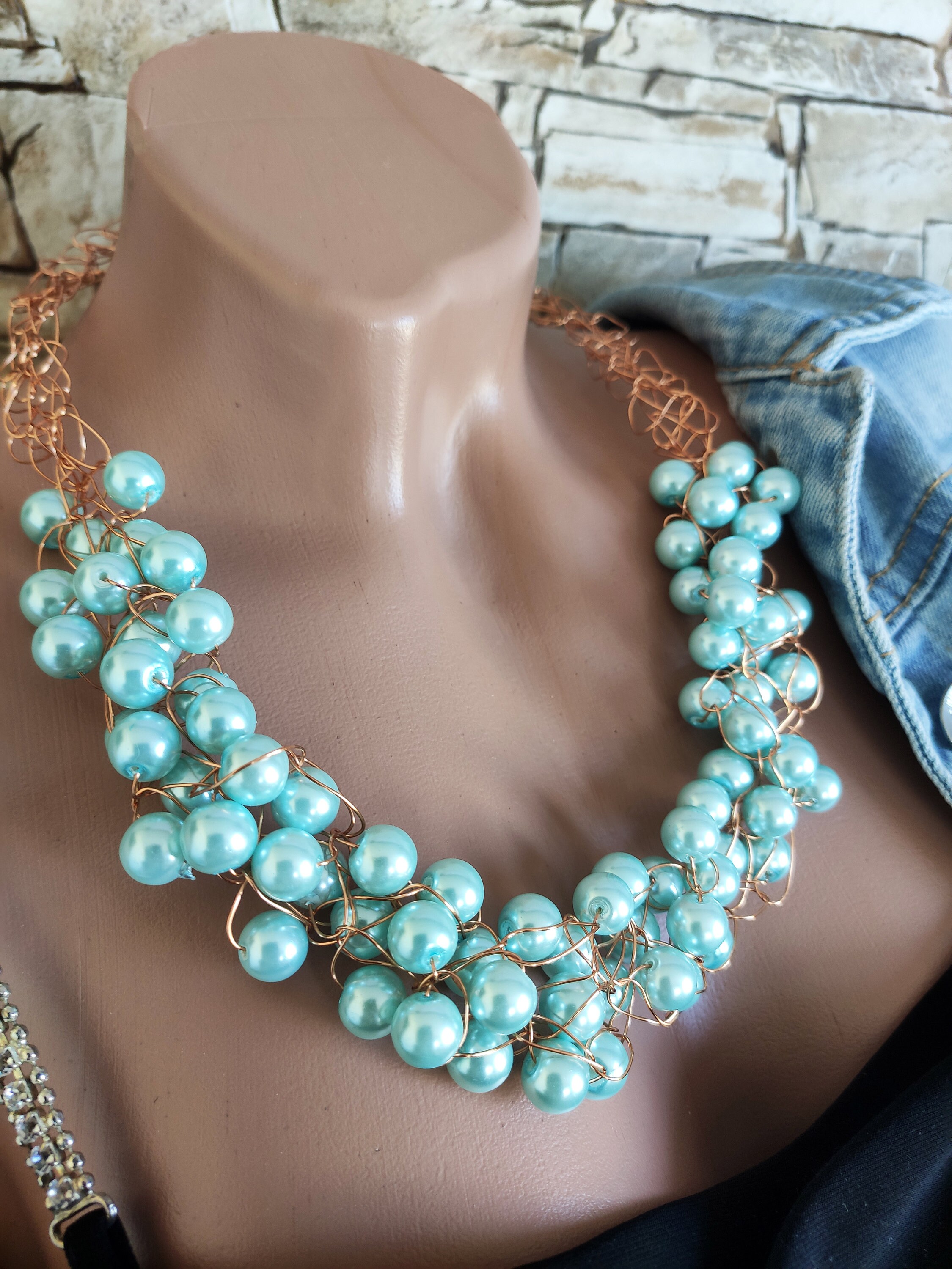 Light Blue Jewelry Set Crochet Wire Necklace & Bracelet Boho | Etsy