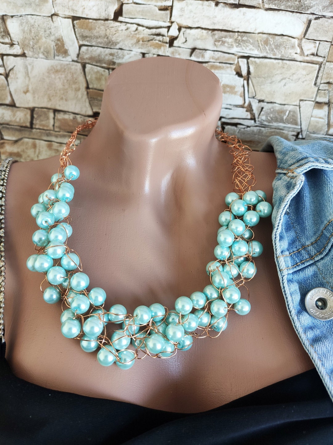 Light Blue Jewelry Set Crochet Wire Necklace & Bracelet Boho Chic ...