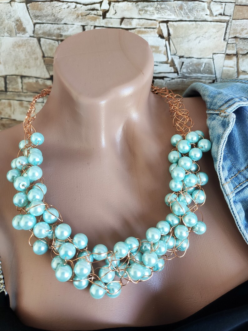 Light Blue Jewelry Set Crochet Wire Necklace & Bracelet Boho | Etsy