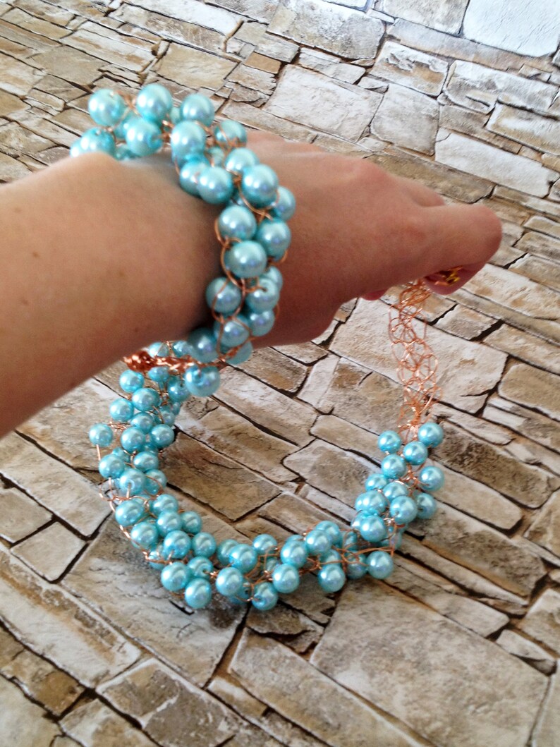 Light Blue Jewelry Set Crochet Wire Necklace & Bracelet Boho | Etsy