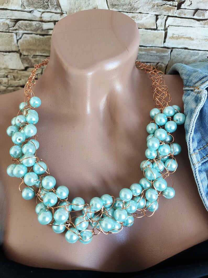 Light Blue Jewelry Set Crochet Wire Necklace & Bracelet Boho | Etsy