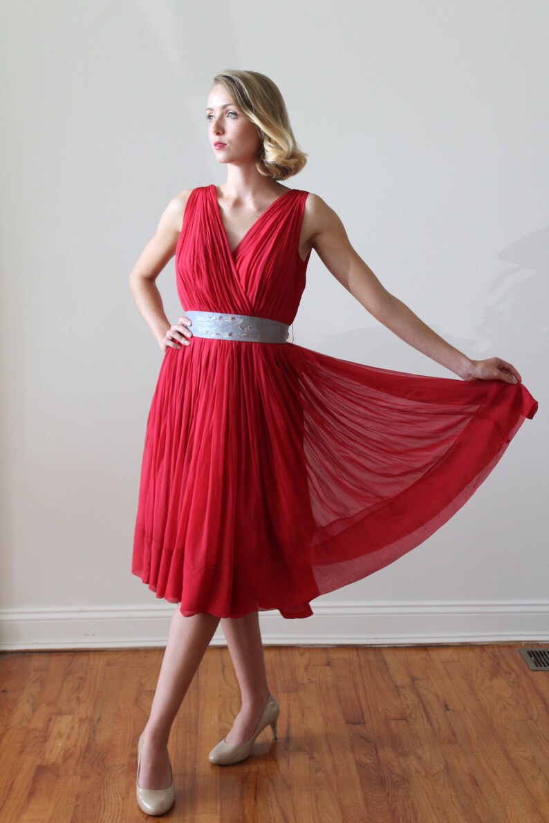 Vintage 1950s Silk Chiffon Red Party Dress With Matching Hand | Etsy