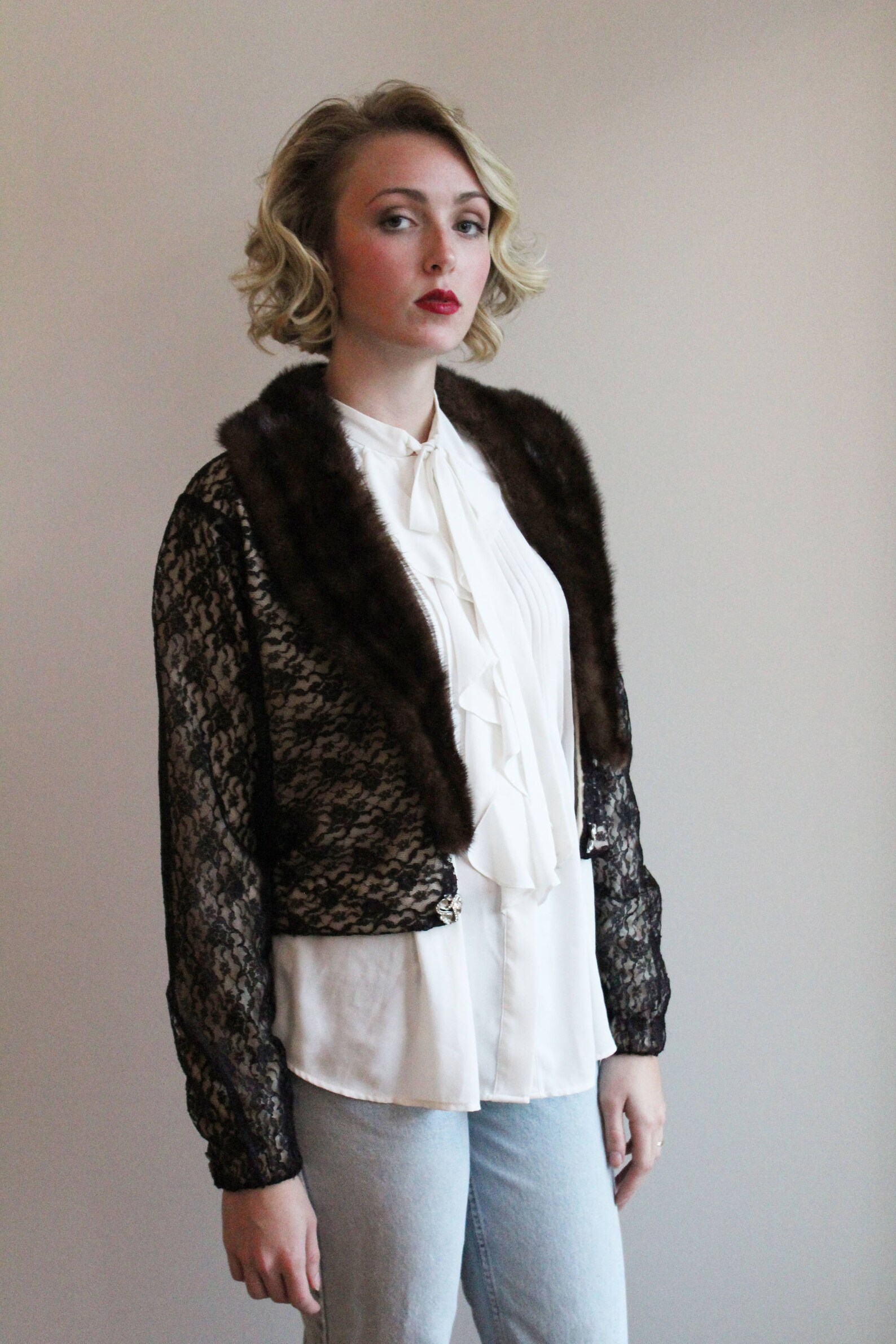 Vintage Bridal Ivory Wool Blend Sweater With Black Lace | Etsy