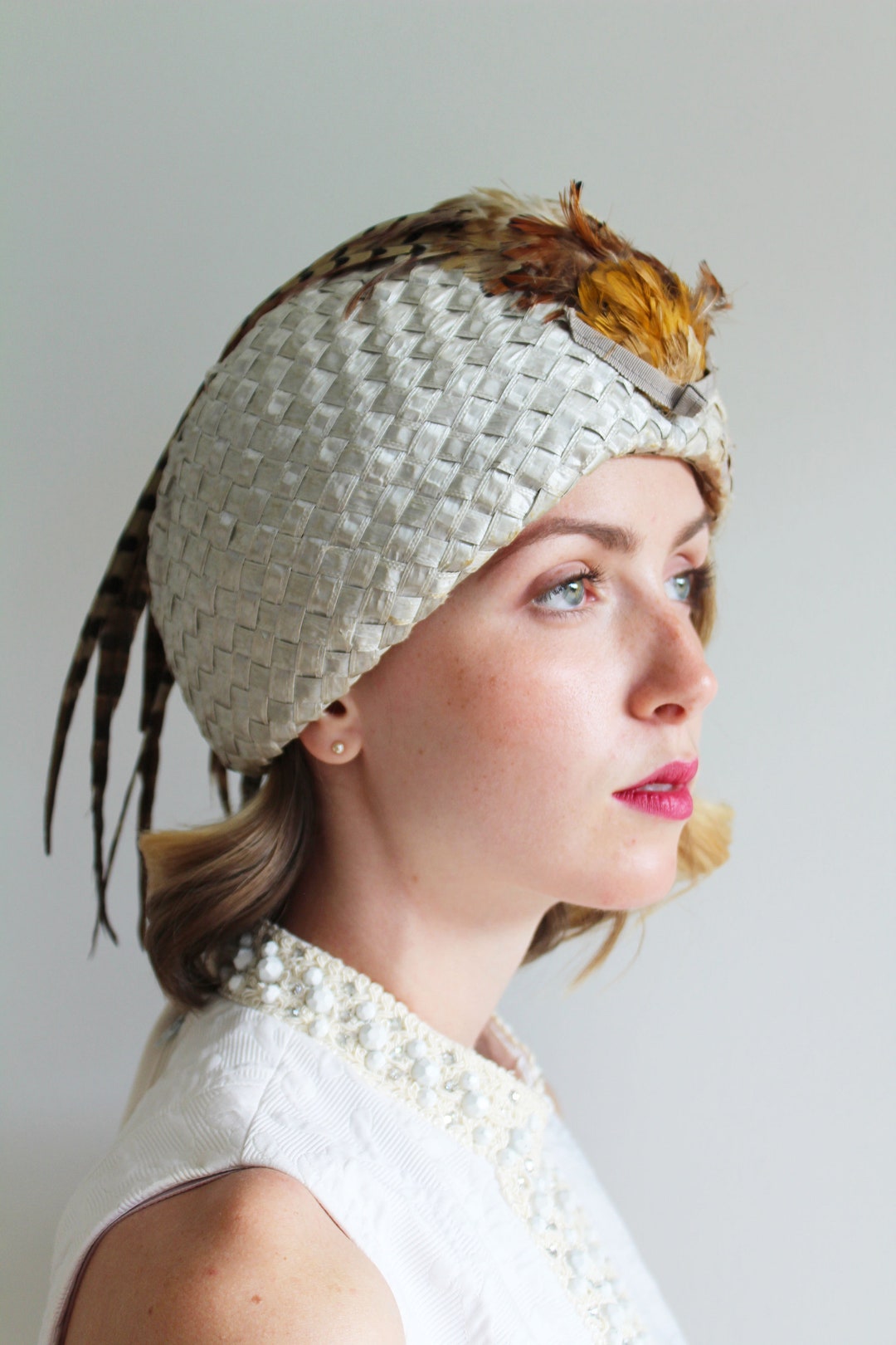 Vintage Woven Silver Hat With Pheasant Feather Details - Turban Style ...