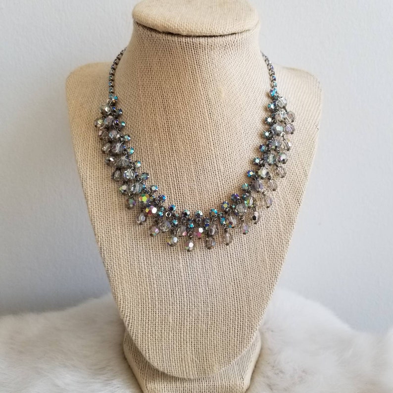 Vintage Mid Century Ab Crystal And Rhinestone Beaded Necklace Etsy