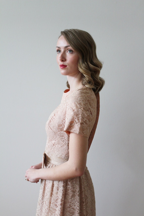 Vintage 1950s Dusty Rose Lace Party Dress with Satin … - Gem