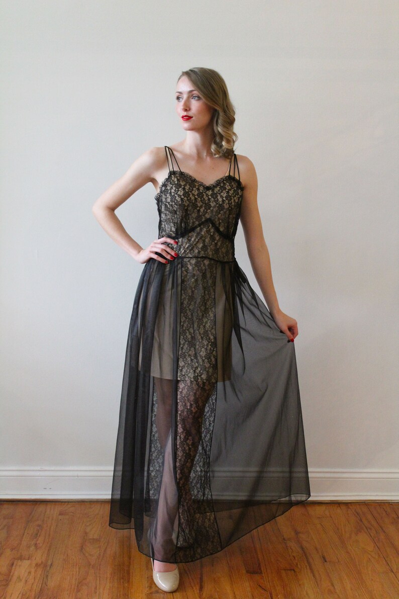 Vintage 1950s 60s Black Lace Night Gown Peignoir Set - Etsy