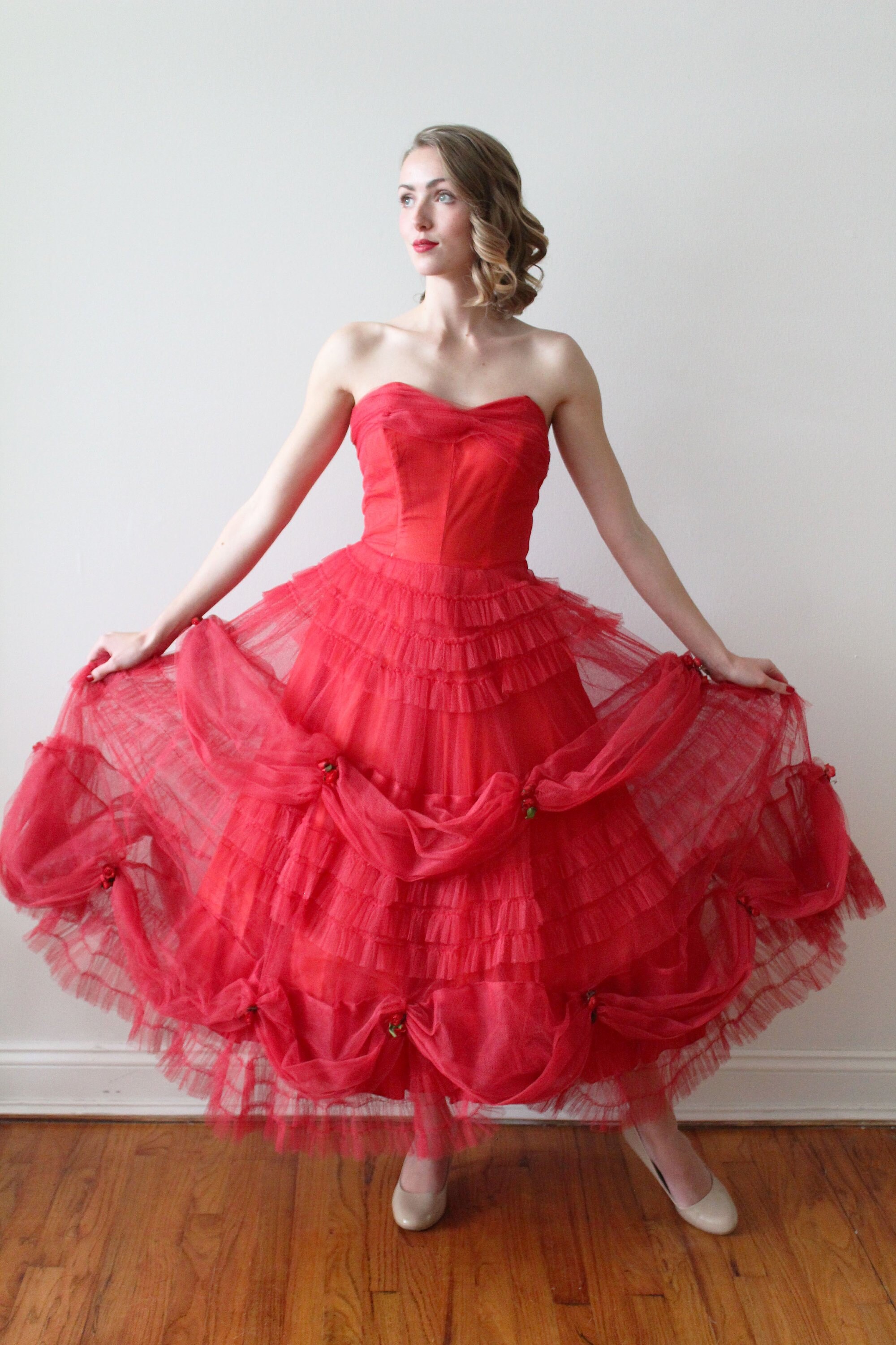 SALE Was 415 Vintage 1950s Red Tulle Prom Dress With Faux | Etsy