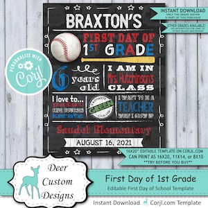 Back to School Sign Editable Template | Baseball First Day of 1st Grade ...