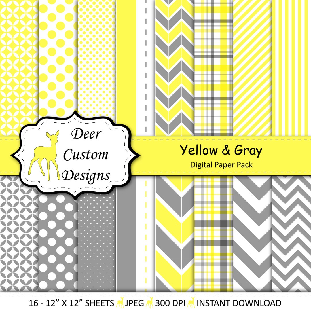 Yellow and Gray Digital Paper Pack | 16 Yellow & Grey Digital Scrapbook ...