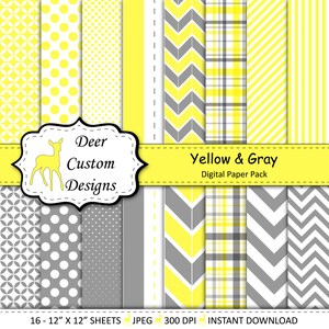 Yellow and Gray Digital Paper Pack | 16 Yellow & Grey Digital Scrapbook ...