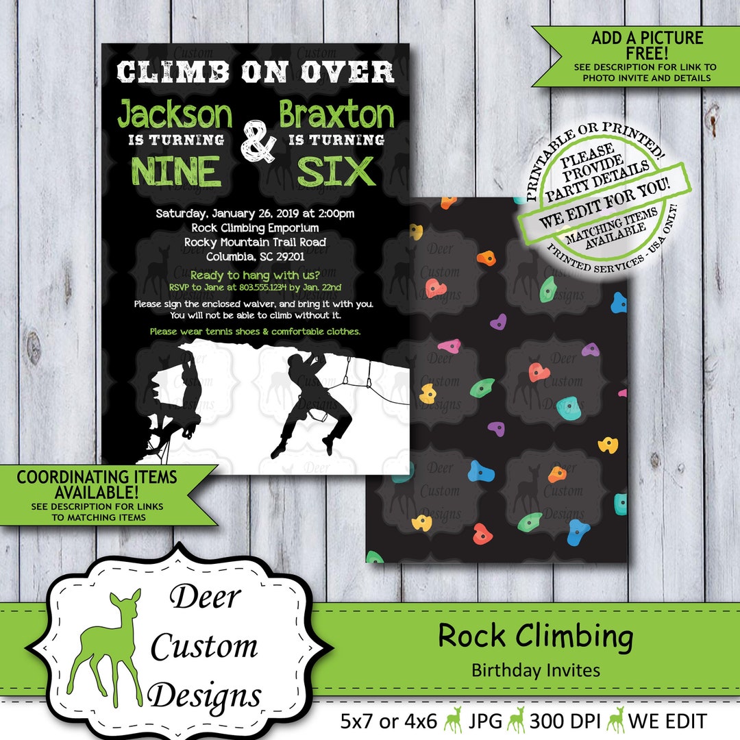 Rock Climbing Birthday Invitation | Boy, Girl, or Twin Indoor Climbing ...