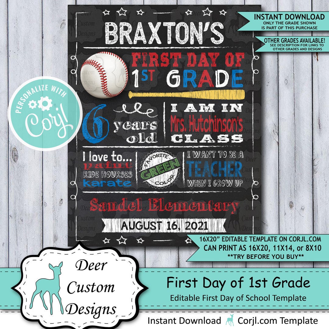 Back to School Sign Editable Template | Baseball First Day of 1st Grade ...