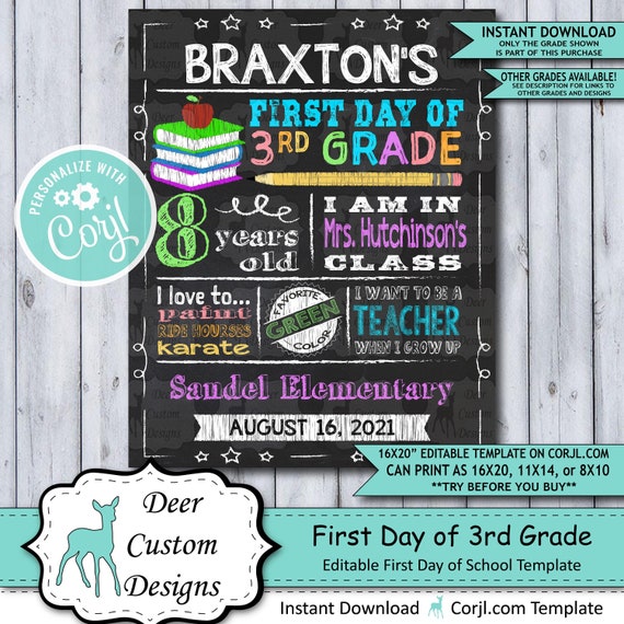Back to School Sign Editable Template | Books First Day of 3rd Grade ...